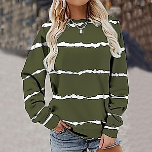 Deal Day Plus Size Fall Tops for Women Round Neck Striped Print Pullover Shirts Sweatshirts Long Sleeve Loose Tunic Blouse Army Green