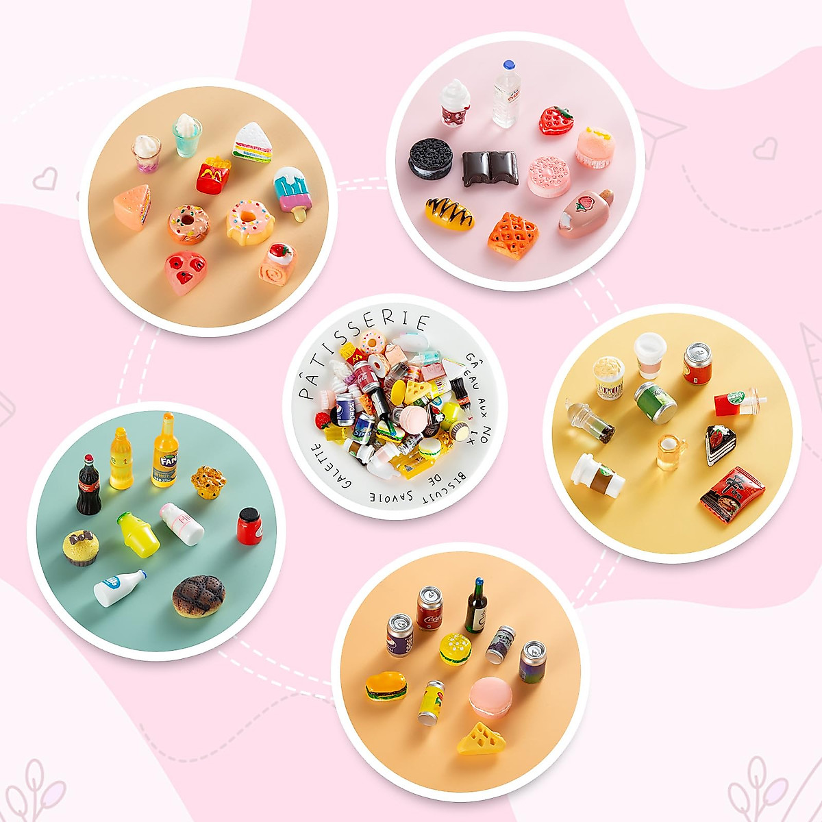 50 Pcs Miniature Food Drink Bottles Soda Pop Cans Pretend Play Kitchen Game Party Accessories Toys Hamburg Cake Ice Cream for 1/12 Doll House (25Food+25Drink)