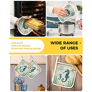 Pot Holder Set of 4 Ocean Seahorse Seaweed Potholder Heat Proof Non-Slip Pot Holders,Retro Nautical Compass Hot Pads Potholders for Kitchen Cooking Baking BBQ