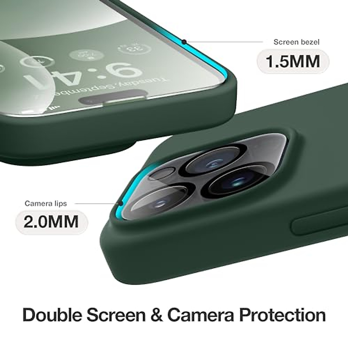 GONEZ for iPhone 14 Pro Max Case Silicone, with 2X Screen Protector + 2X Camera Lens Protector, Full Body Protective Cover, Liquid Silicone Shockproof iPhone 14 ProMax Case 6.7", Dark Green