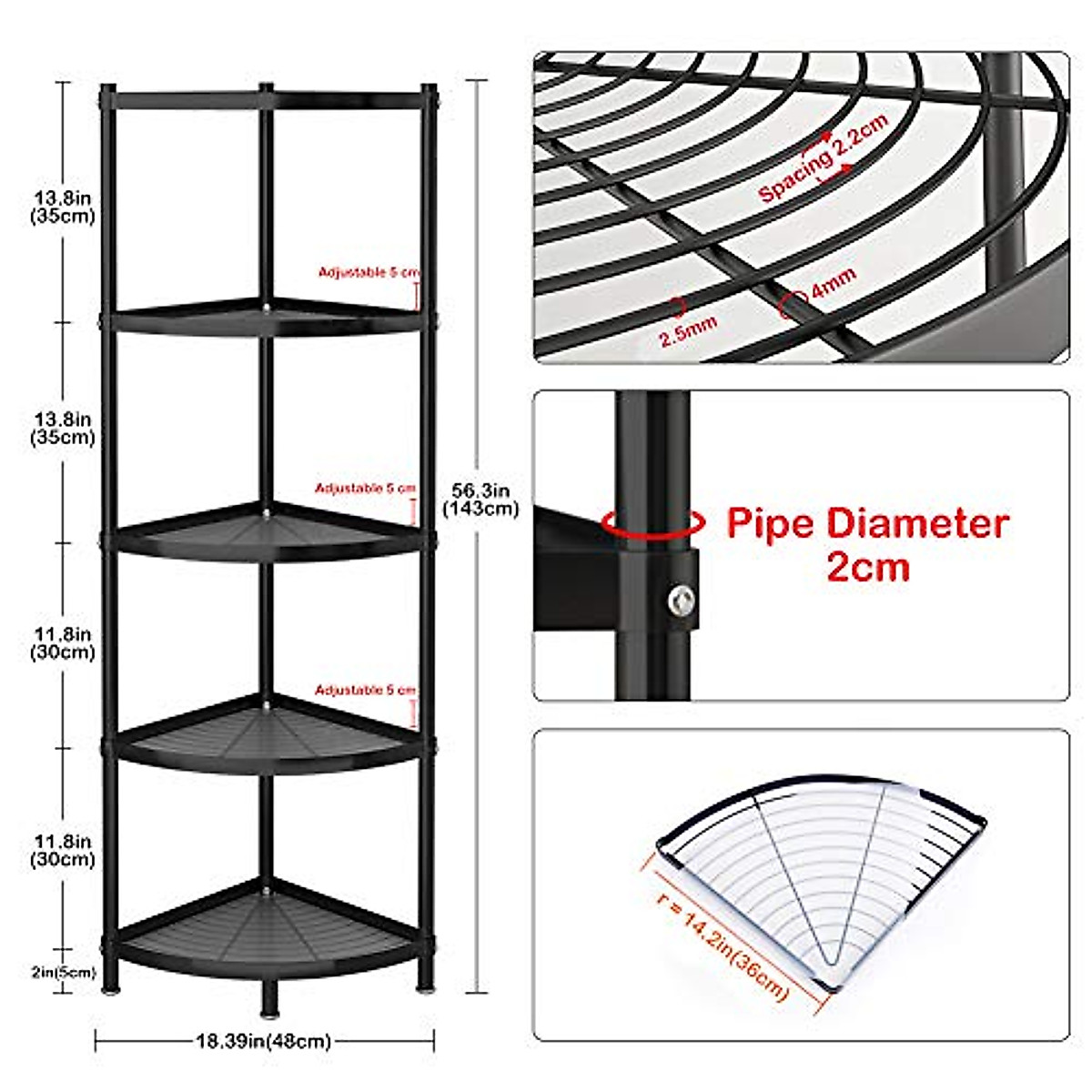 Winterworm 5-Tier Metal Corner Shelf,Black Carbon Steel Kitchen Corner Shelf Pot Storage Rack for Home Office Kitchen Organizer