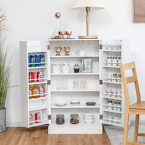 LOKO White Pantry Cabinet, Multifunctional Floor Storage Cabinet with Adjustable Shelves and Anti-toppling Device, Compact Kitchen Cupboard with Double Doors, 23 x 12 x 41 inches