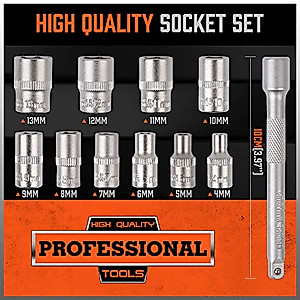 HORUSDY 12-Pieces 1/4” Ratchet Socket Wrench Set, Drive Socket Set, 4mm -13mm Sockets and, Quick Released Ratchet Handle and 10 cm Extension Bar