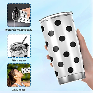 ALAZA White Black Polka Dot Water Bottle Tumbler with Lid and Straws 20 Oz Stainless Steel Vacuum Insulated Coffee Travel Mug Cup