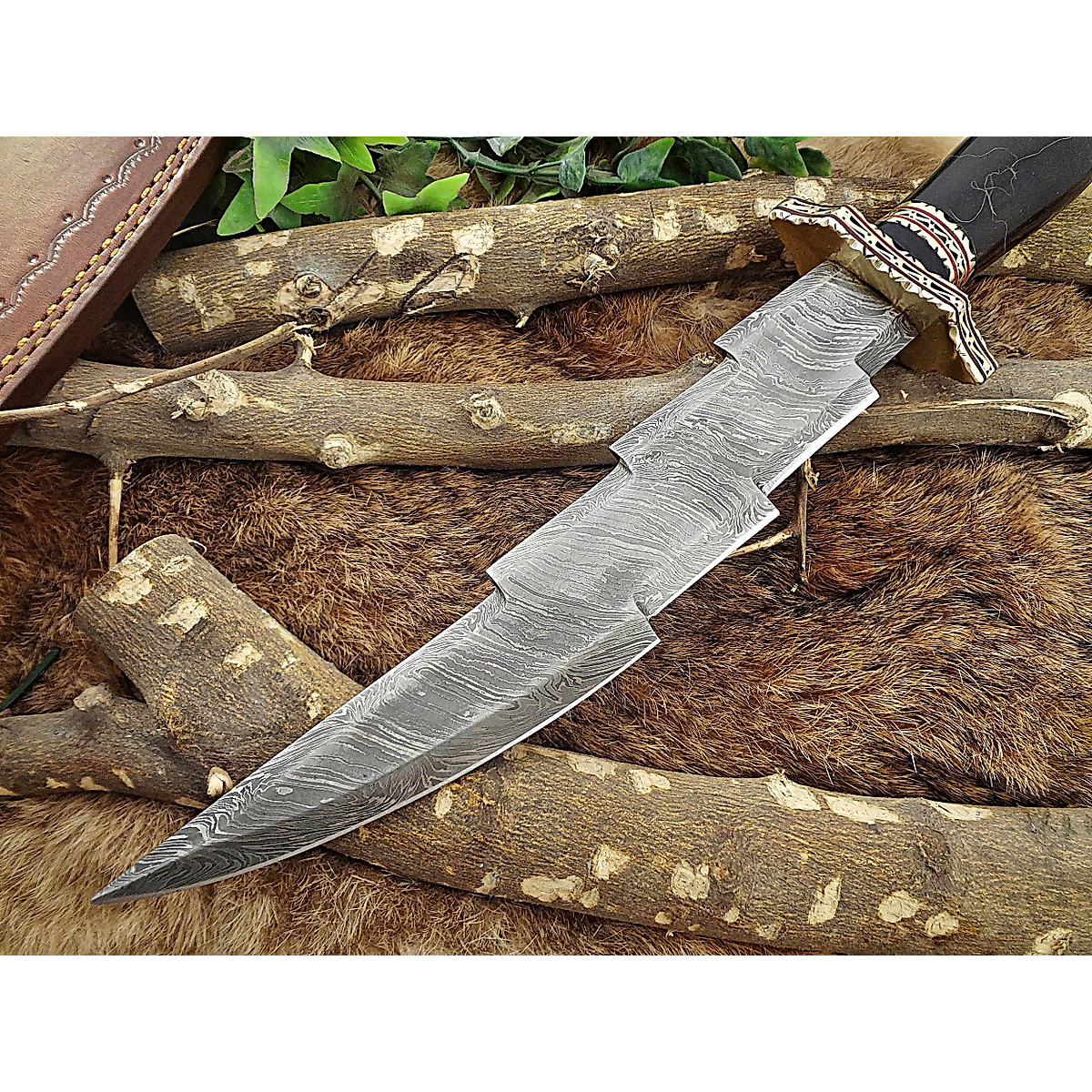 15 Inches long Damascus Steel Hunting Knife, 10" long custom made Hand Forged Damascus steel zig zag blade, Bull horn with engraved brass scale and finger guard, Cow hide Leather Sheath with belt loop