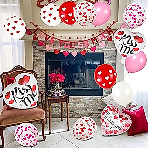 Valentines Day Decorations, 64Pcs Pink White Heart Print Balloons Heart Confetti Balloons Foil Balloons for Valentines Day Proposal Engagement Wedding Party Decorations