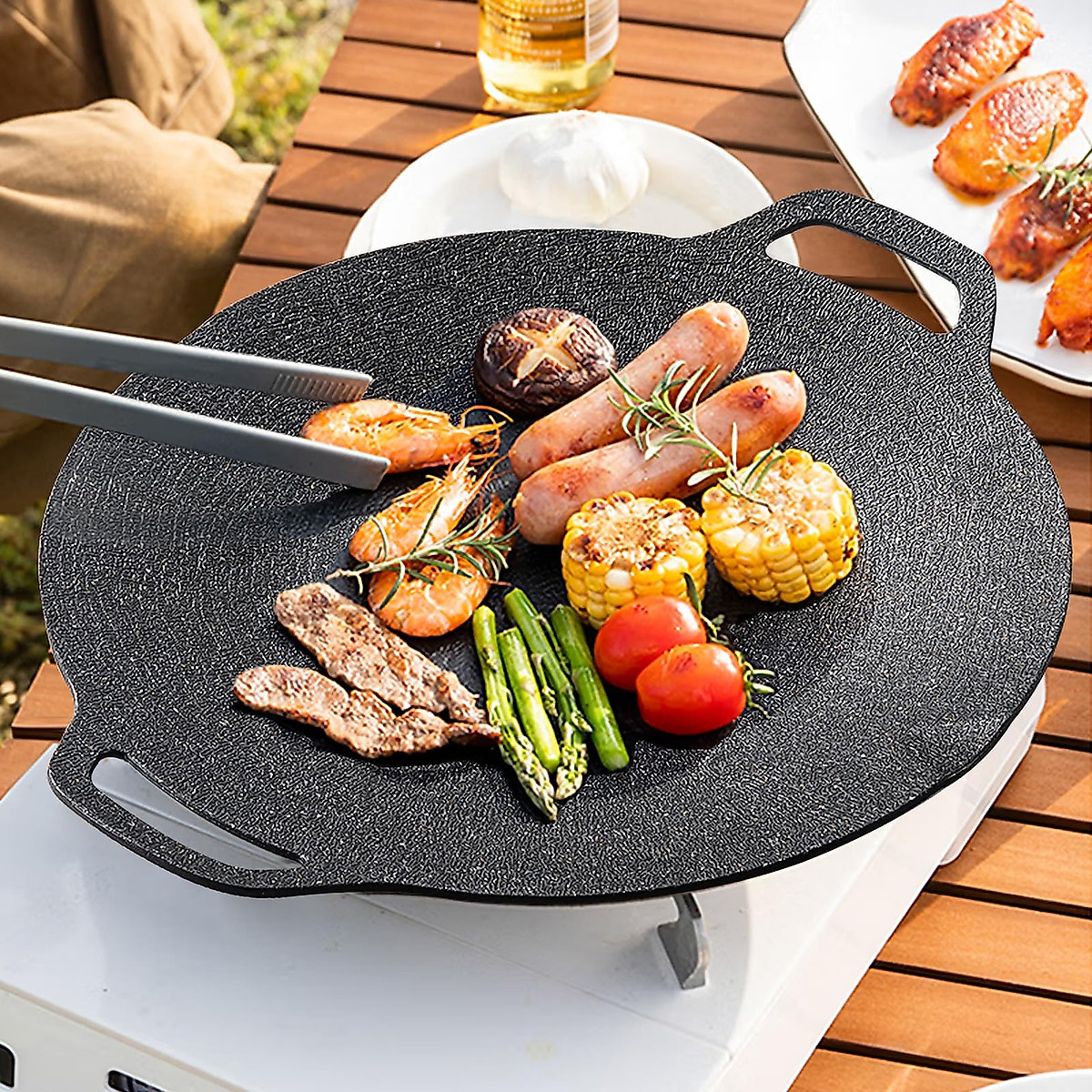 MAXCOOK Korean Grill Pan with Non Stick BBQ Griddle 11 inch Round 6-Layer Coating Compatible for Induction Gas Stove