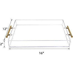 12"x16" Clear Acrylic Serving Tray with Golden Handles, Huge Capacity Sturdy Acrylic Tray for Coffee, Juice, Kitchen and Desk Organizer, Storage Tray (12"x16")