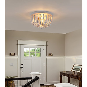 Q&S White Flush Mount Ceiling Light Fixtures,2-Lights Wood Beaded Boho Chandeliers for Nursery Baby Bedroom Dining Room Living Room Kitchen Hallway W11.81