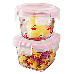 2 Pack 4 OZ Mini Glass Food Storage Containers with Lids,Square Round Cherry Food Jars Small Glass Container for Food Portion,Sauce,Snack,Yogurt,Airtight,Freezer Microwave Safe(red)