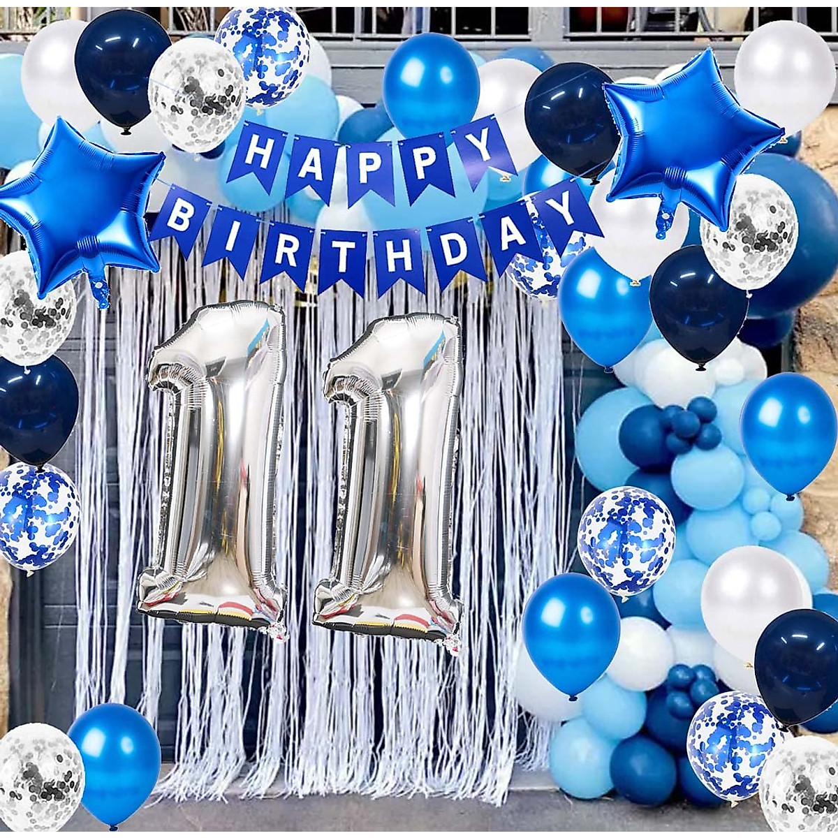 11th Birthday Party Decoration for Boys, Happy Birthday Banner Blue Number 11 Birthday Balloons 11th Birthday Latex Confetti Balloon for Boys Him Son 11 Years Old Birthday Decoration Supplies (11th)