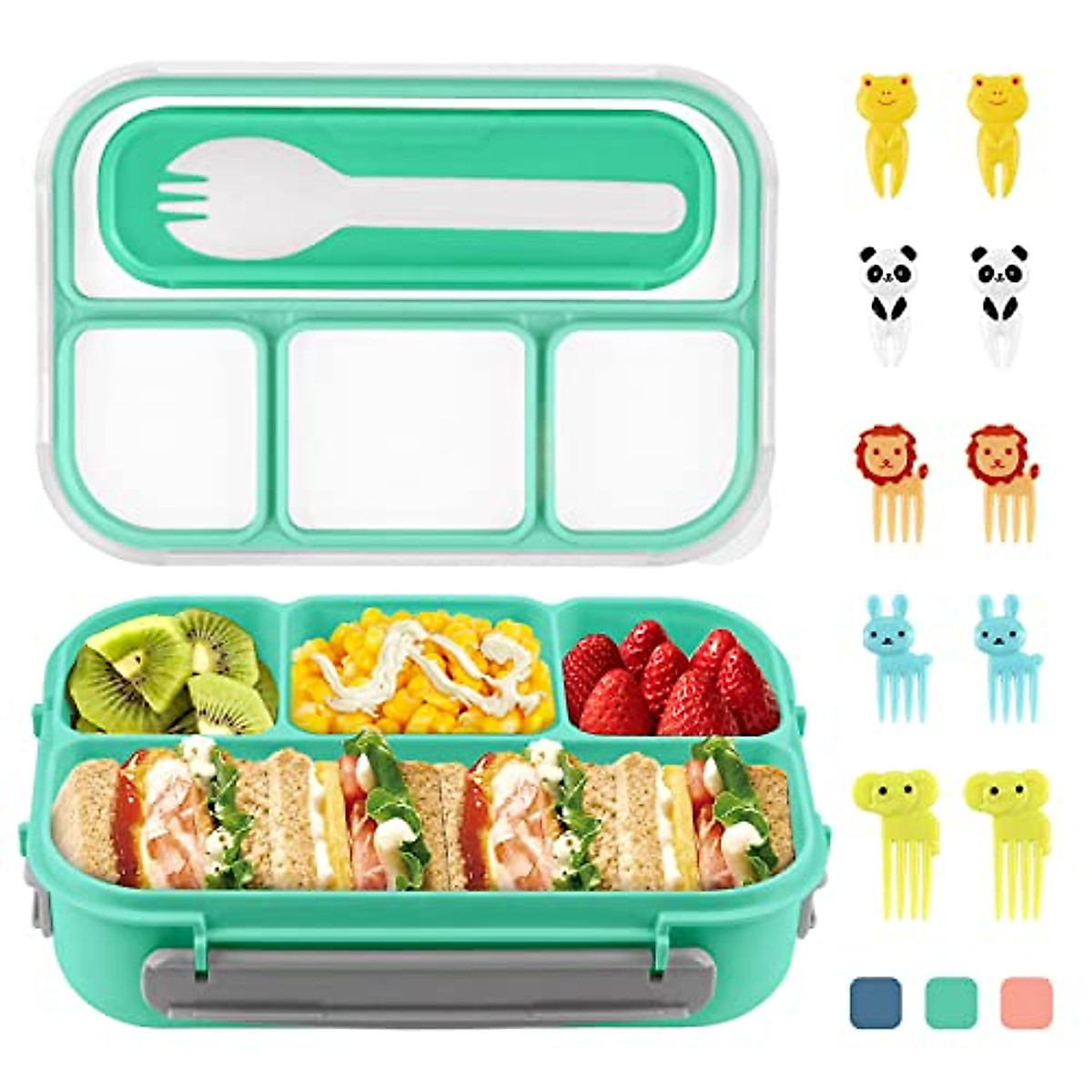 BentoMoment Bento Lunch Box, 4 Compartments Lunch Box Containers for Adults, 5 Cups Bento Box with Utensils& Fruit Fork, Cute Snack Lunch Box, Leakproof Microwave Safe Bento Boxes, Green