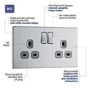 BG Electrical Double Switched Screwless Flat Plate Power Socket, Brushed Steel, 13 Amp