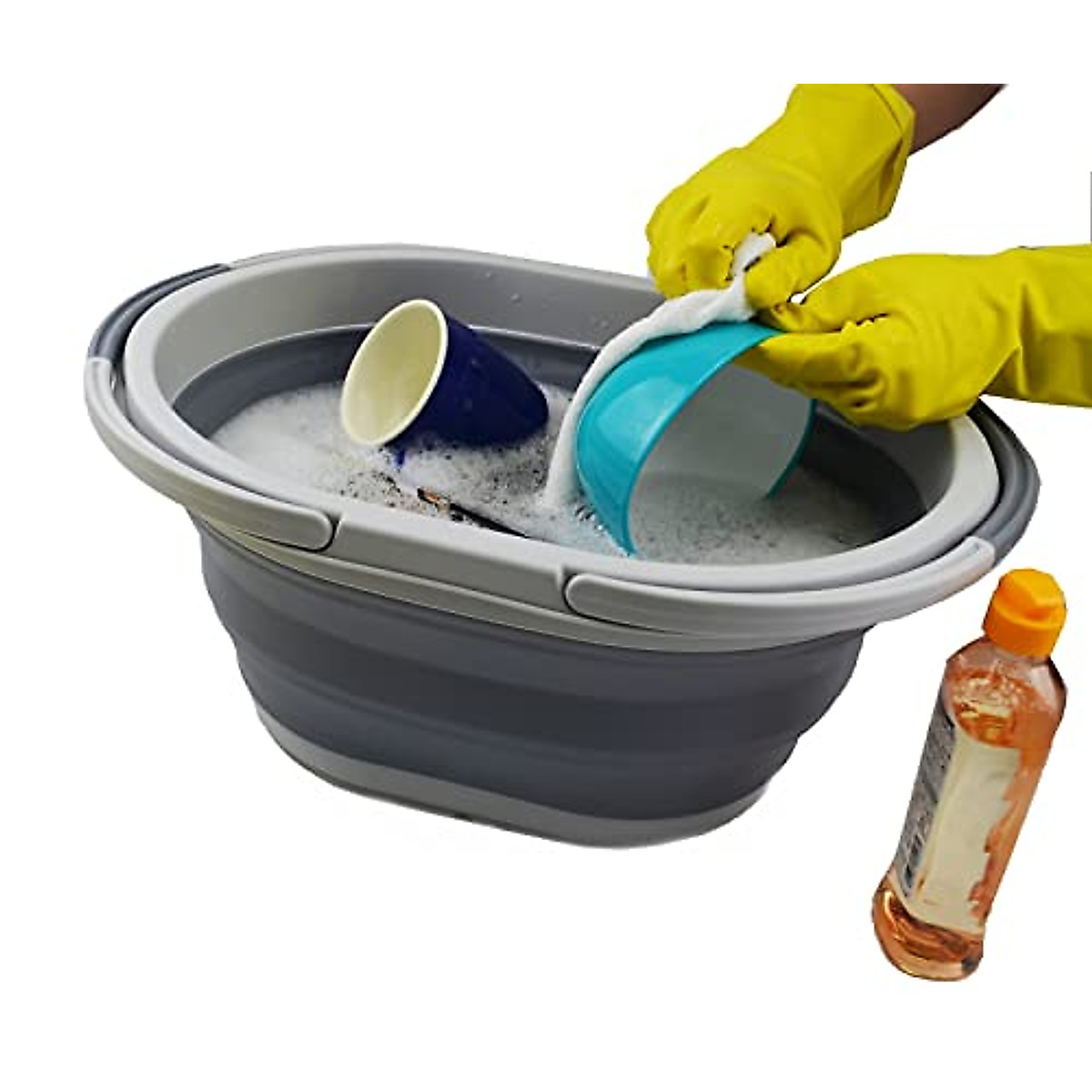 SAMMART 11L (2.9 Gallon) Collapsible Tub with Handle - Portable Outdoor Picnic Basket/Crater - Foldable Shopping Bag - Space Saving Storage Container (Grey/Dark Grey, 1)