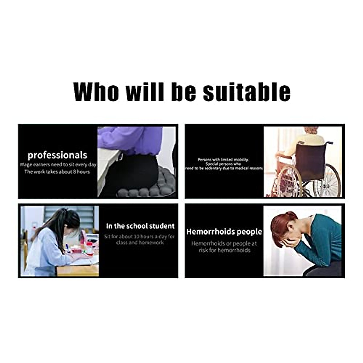 Cojín de Asiento Wheelchair Accessories Wheelchairs Comfort Cushion Ergonomic Multifunctional Waterproof Very Elastic for Pressure Relief (Color : Black)