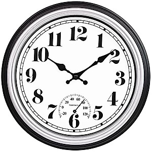 45Min 12 Inch Indoor/Outdoor Retro Round Waterproof Wall Clock with Thermometer, Silent Non Ticking Battery Operated Quality Quartz Wall Clock Home/Patio Decor(Silver F)