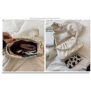Clutch Purse Evening Shoulder Pleated Bag for Women Fashionable Tote Crossbody Handbags with Beaded Design Strap (White)
