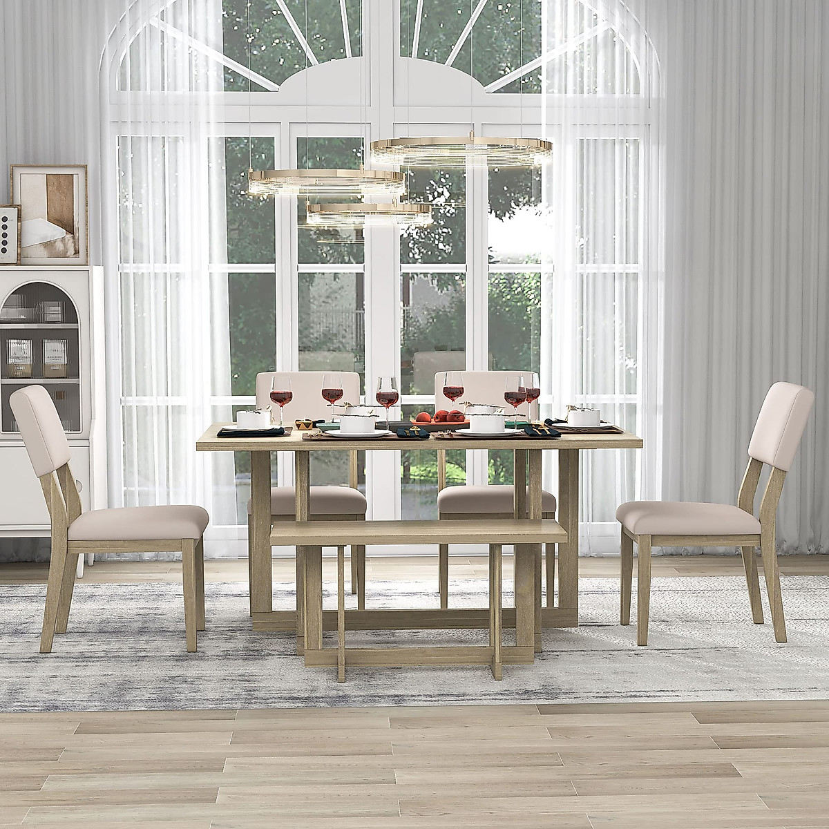 KoiHome 6-Piece Retro H-Shaped Support Design Dining, 4 Chairs with Soft Cushions Bench, Kitchen Table Set for Home/Restaurant Furniture (Natural Wood Wash)