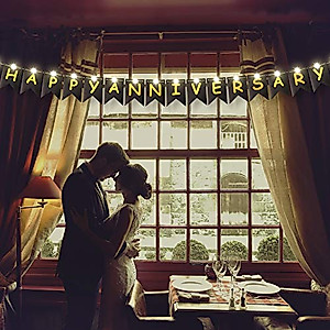 Happy Anniversary Banner Gold Foiled Sign Banner with LED Fairy String Light 8 Flicker Mode, Anniversary Party Decoration Photo Props for Anniversary Wedding Party Ceremony Decoration (Black)