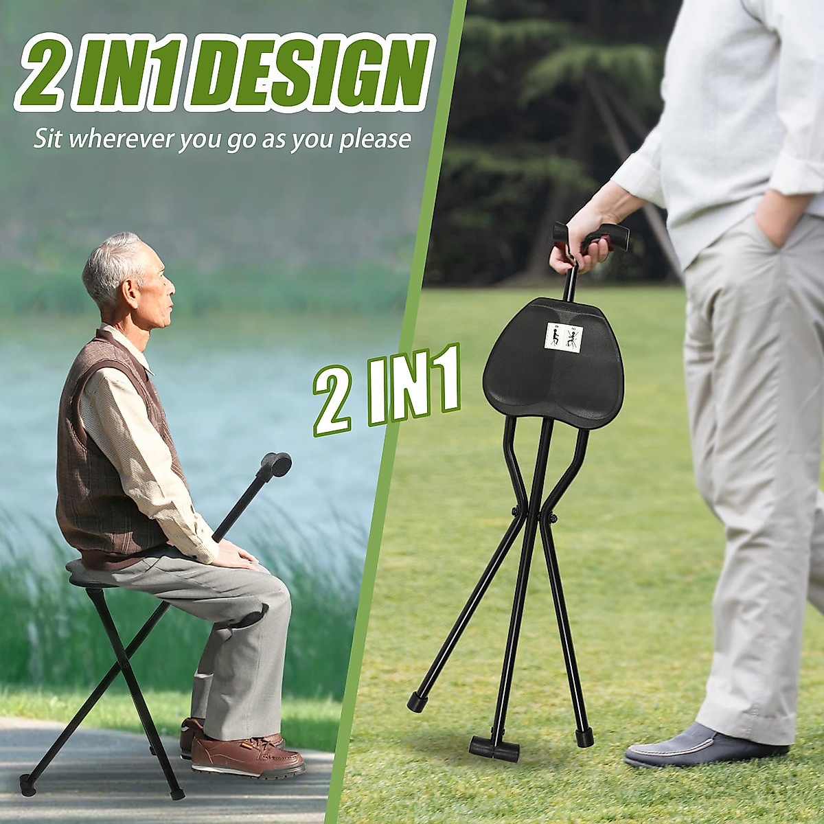Walking Cane Chair, Walking Stick, Portable Folding Cane with Seat is 34 Inches Tall, Supports up to 240 Pounds, Anti-Slip Lightweight Walking Stick for Seniors (Black)
