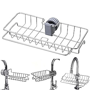 BIGSPINACH Sponge Holder for Kitchen Sink, Kitchen Sink Tray, Stainless Steel Detachable Hanging Faucet Drain Rack for Sponge, Dish Brush and Dish Towel, No Drilling, Farmhouse Sink Accessories