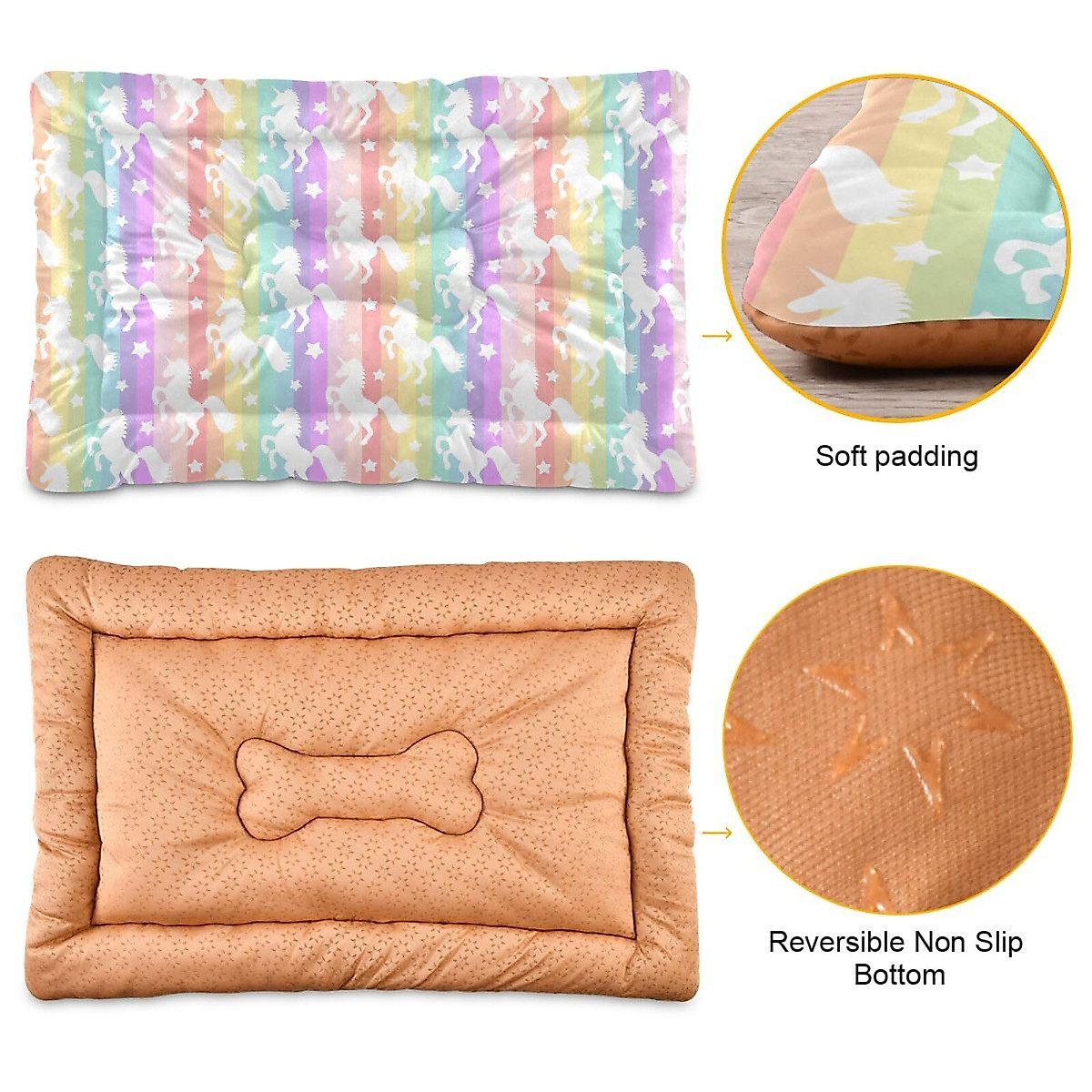 Coikll Rainbow Unicorn Pet Bed Pad Soft Dog Bed Mat with Anti-Slip Bottom, Machine Washable Crate Pad Mattress for Dog Sleeping- 24 * 18inches