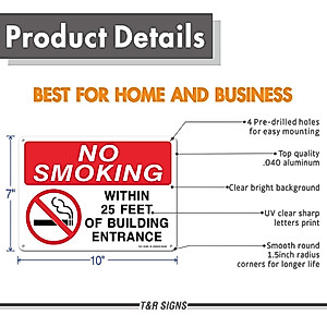 No Smoking Within 25 Feet Of Building Entrance Sign - 4 Pack - 10 x 7 Inches Rust Free .040 Aluminum - UV Protected, Waterproof, Weatherproof and Fade Resistant - 4 Pre-Drilled Holes