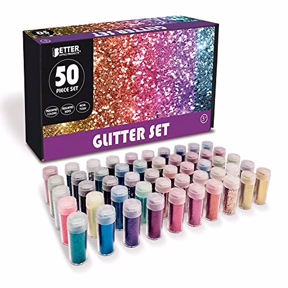 Glitter Shaker Jars, Variety Box Set of 50, Multipurpose Arts & Crafts Glitter, Extra Fine Glitter & Additional Assorted Shapes by Better Office Products, Glitter Powder, Non-Toxic, Glitter for Slime