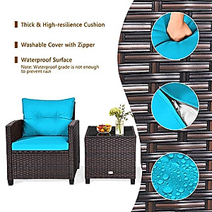 HAPPYGRILL 3-Piece Patio Furniture Set Outdoor Rattan Wicker Bistro Sofa Set Conversation Furniture with Cushion & Table