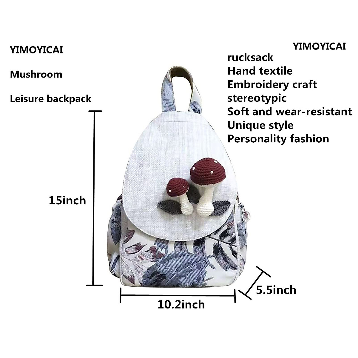 YIMOYICAI Women Casual Boho Woven Medium Canvas Prime Travel Laptop Backpack Hippie Embroidered Vintage Backpack Mushroom