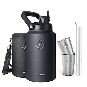 BUZIO Insulated Gallon Water Bottle with Straw Lid and Carrying Sleeve, 128oz Stainless Steel Water Jug with Two Stainless Steel Cups, Hot Cold Metal Canteen Water Flask, Black