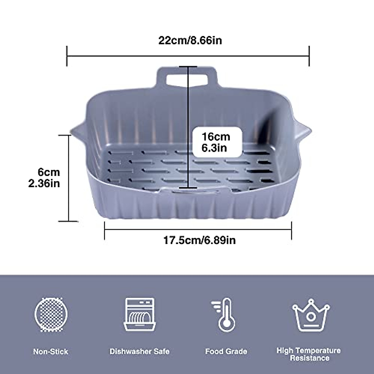 2Pcs Air Fryer Silicone Liners, Reusable Air Fryer Rectangular Pot, Fit for 8QT Air Fryer, Easy Cleaning (Red+Gray)