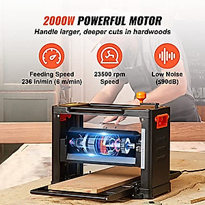 VEVOR Power Benchtop Planers, Three-Blade, Two Speed, 13" Width Worktable Thickness Planer with Extended Infeeding Table, Low Noise for both hard & soft wood material removal