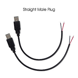 4pcs USB 2.0 to Bare Wire Open End Cable 12inch 5V 2.1A 2 cores Power Pigtail Repair Tin on The Tail Cable Cord DIY Black, 1 feet,2 Packs Straight Male Plug&2Packs L Right Angle Male Plug Included
