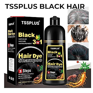 TSSPLUS Black Hair Dye Shampoo, 500ml - Organic Natural Hair Color Dye Shampoo for Women & Men, Instant Gray White Hair Cover, Plant Essence, Semi-Permanent