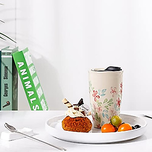 ANTIS'S HOME Ceramic Travel Mug with Lid, Flower Pattern Double Wall Coffee Mug Tumbler 10 oz, Reusable Tall Cup, Splash Resistant Lid, Dishwasher Microwaveable Safe