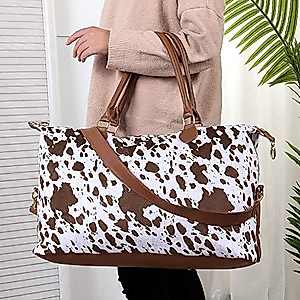 xinblueCo Cow Print Weekender Duffle Bag For Women Travel Tote Bag Overnight Weekend Bag Large Capacity Shoulder Bag, Brown