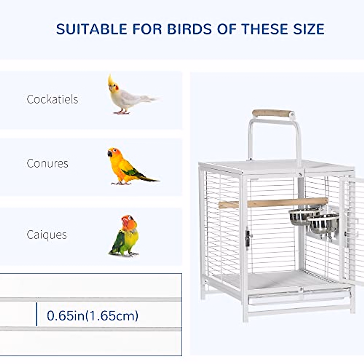 PawHut 19" Travel Bird Cage Parrot Carrier with Handle Wooden Perch for Cockatiels, Conures, White