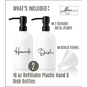 Alora Hand Soap Dispenser and Liquid Dish Soap Dispenser for Kitchen Sink - Set of 2 - Black Metal Pumps - Reusable Plastic Bottle with Easy to Read Lettering - Countertop Replacement Refill