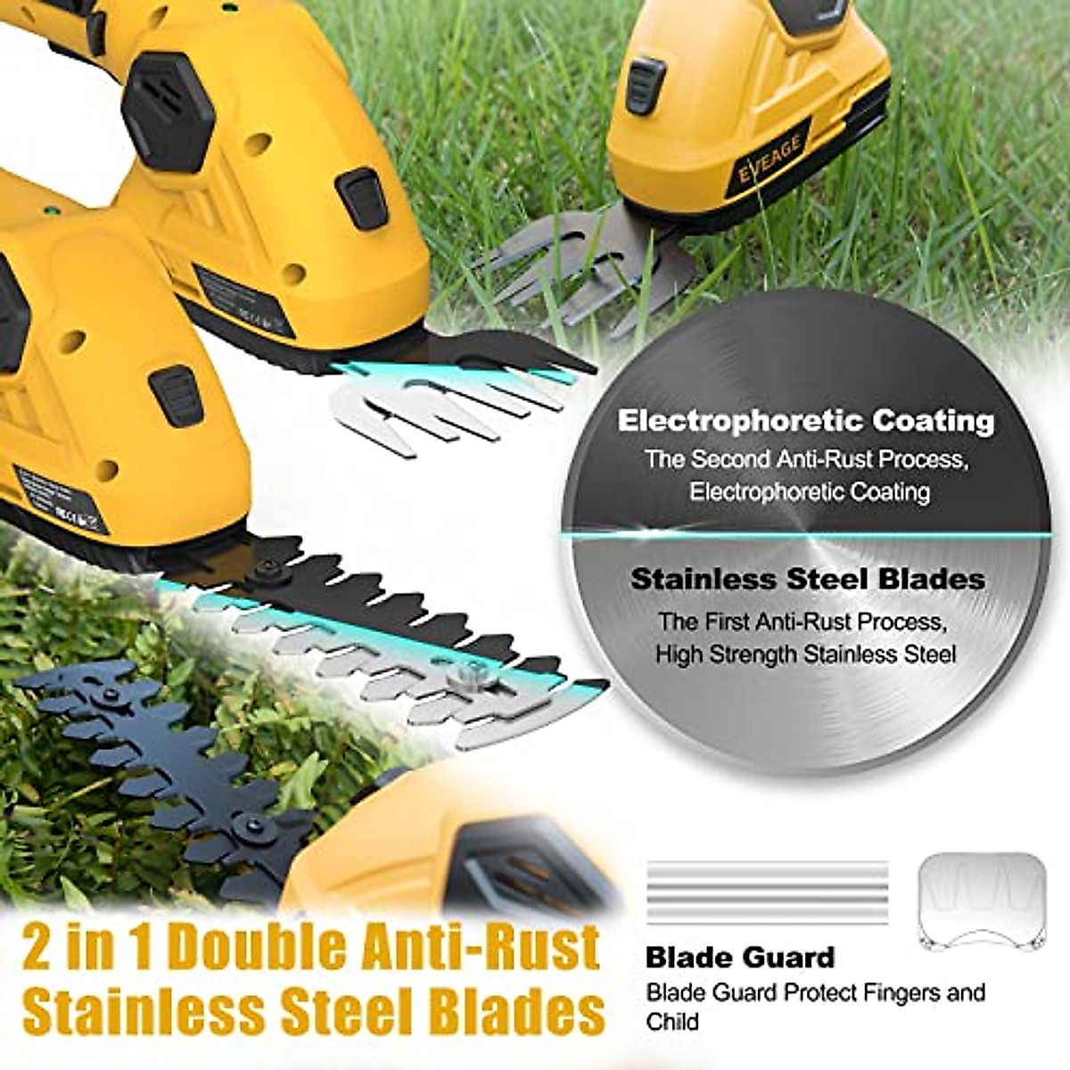 EVEAGE Light Duty Cordless Grass Shears Handheld Grass Hedge Trimmer 2 in 1 Grass Clippers Shrub Bush Trimmer for Garden, with Rechargeable 8V Battery and Charger Included