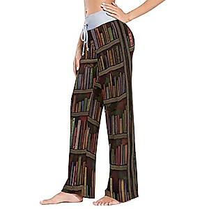 Aeoiba Women's Pajamas Comfy Pajama Lounge Pants Vintage Library Bookshelf Bookcase Book Drawstring Wide Leg Palazzo Pants, Large