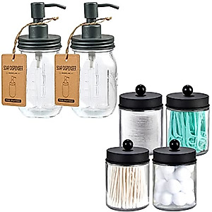 4 Pc Black Apothecary Jars Bathroom Storage Organizer - Cute Qtip Holder Vanity Canister & 2 Pcs Mason Jar Soap Dispensers -Rustproof Stainless Steel Lid &Pump, Refillable Hand Soap for Bathroom, Grey