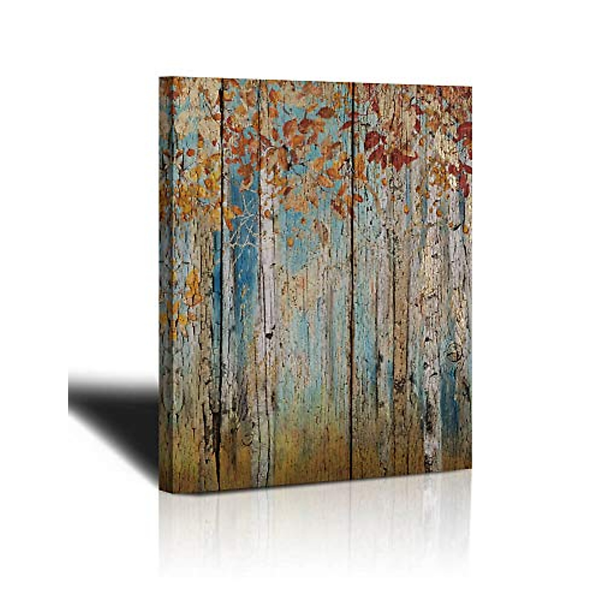 Canvas Wall Art Yellow Tree Forest Landscape Picture Prints, Rustic Modern Birch Trees Nature Woods Abstract Painting Artwork 12"x16" Wood Gallery and Framed for Home Office Living Room Bedroom Decor