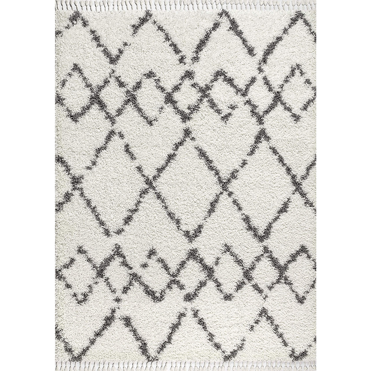 JONATHAN Y MCR102B-8 Mercer Shag Plush Tassel Moroccan Tribal Trellis Geometric Indoor Area-Rug Bohemian Contemporary Easy-Cleaning Bedroom Kitchen Living Room, 8 X 10, Cream/Grey