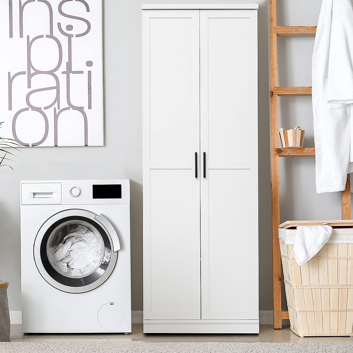 Giantex 70" Tall Wooden Storage Cabinet with 2 Doors and 5 Adjustable Shelves, Freestanding Collection Food Kitchen Pantry Cabinet Cupboard for Kitchen Laundry Garage (White)