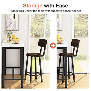 AWQM Bar Table Set of 2,39.3" Faux Marble Table Top & 2 PU Upholstered Stools with Backrest,3 Piece Industrial Pub Height Table Set,for Living Room,Kitchen,Bar,White & Black & Brown