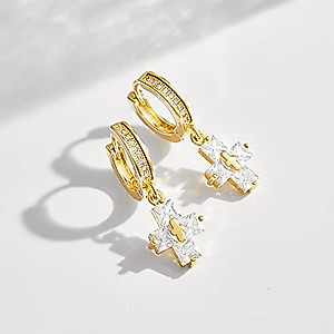 KissYan Gold Huggie Hoop Earrings for Women, S925 Sterling Silver Post Dangle Drop Earrings 14K Gold Plated Dainty Lightweight Cross Evil Eye Cuff Earrings Hypoallergenic Religious Handmade Jewelry(36)