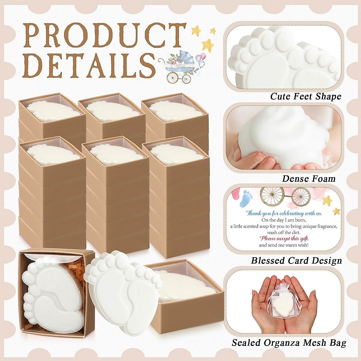 Maxcheck 50 Sets Baby Shower Feet Soaps Bulk Baby Shower Favors for Guests Handmade Scented Soap with Organza Bags Thank You Cards for Girl Boy Baby Shower Gifts Souvenirs Decorations(White)