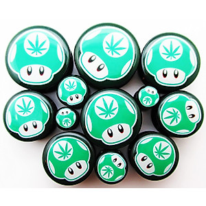 Pierced Republic Green 1-Up Mushroom Pot Leaf Ear Plugs - Acrylic Screw-On - 10 Sizes - *Pair* (0 Gauge (8mm))