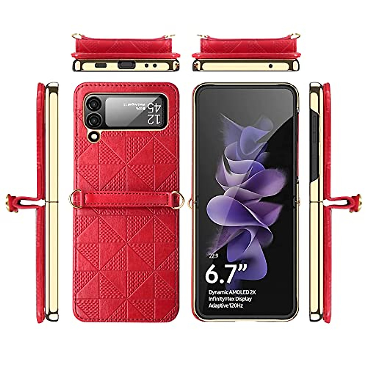 SHIEID Genuine Leather Galaxy Z Flip 4 Case with Chain, Noble Temperament, Diamond Shape Design Fine Texture Z Flip 4 Case for Samsung Galaxy Z Flip 4, Brown